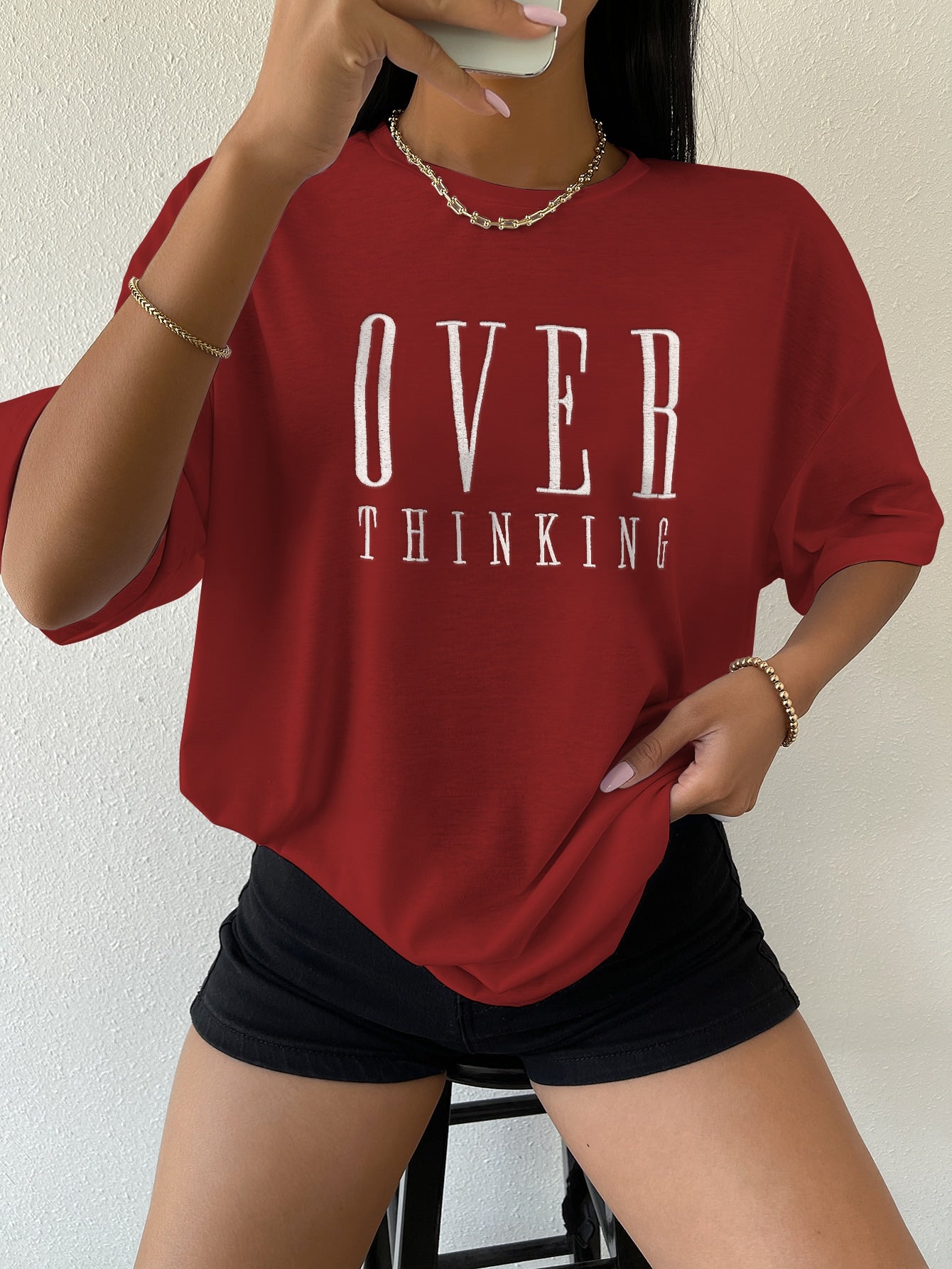 Over Thinking Deep Red Tees - UrbanAccessories.pk